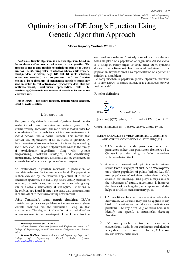 (PDF) Optimization of DE Jong’s Function Using Genetic Algorithm Approach