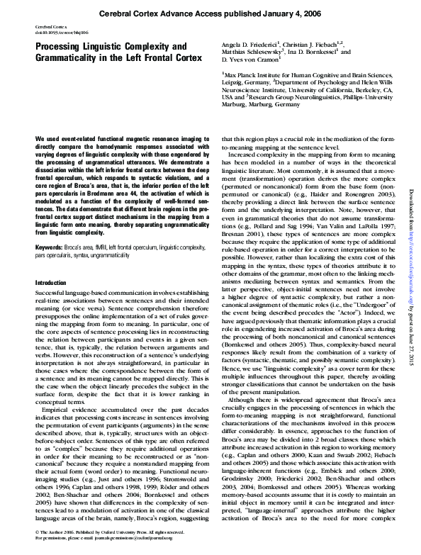 Pdf Processing Linguistic Complexity And Grammaticality In The Left Frontal Cortex