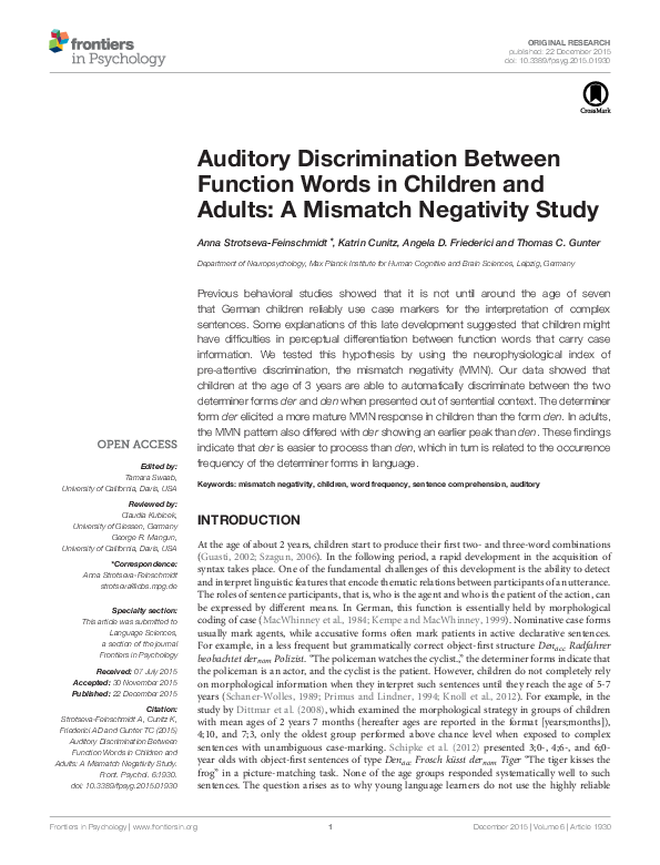 (PDF) Auditory Discrimination Between Function Words in Children and ...