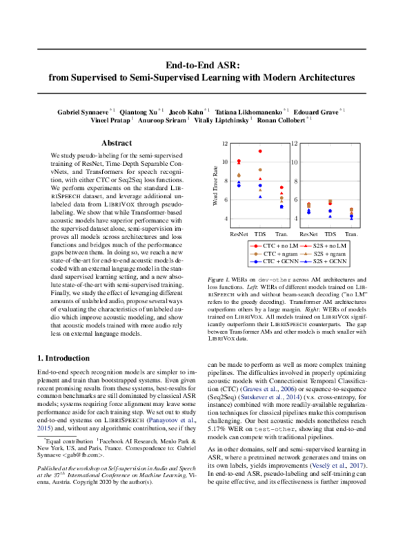 (PDF) End-to-end ASR: from Supervised to Semi-Supervised Learning with Modern Architectures