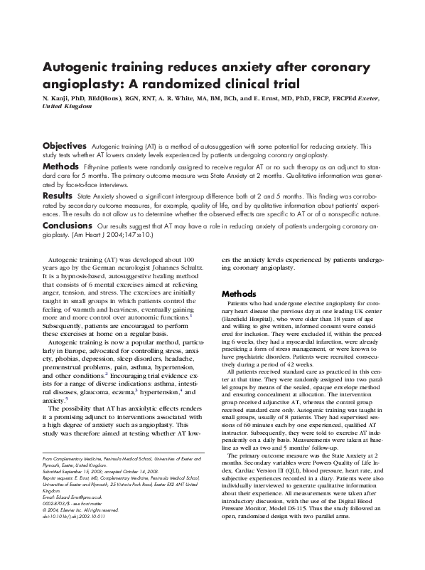 (PDF) Autogenic training reduces anxiety after coronary angioplasty: A ...