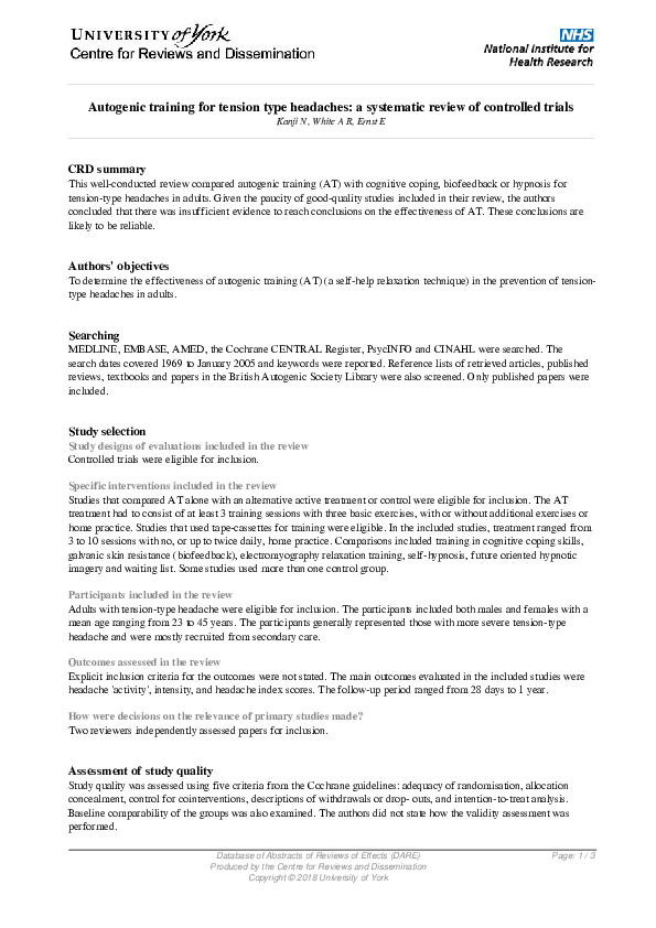 (PDF) Autogenic training for tension type headaches: A systematic ...