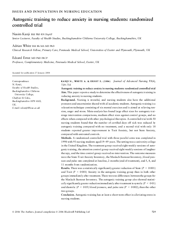 (PDF) Autogenic training to reduce anxiety in nursing students ...