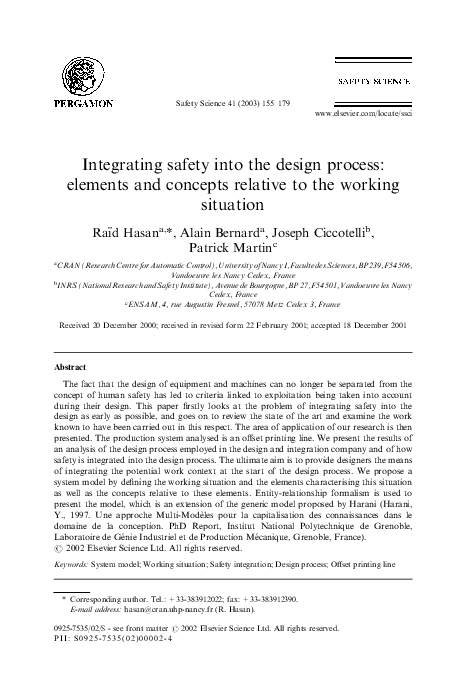 Pdf Integrating Safety Into The Design Process Elements And Concepts Relative To The Working