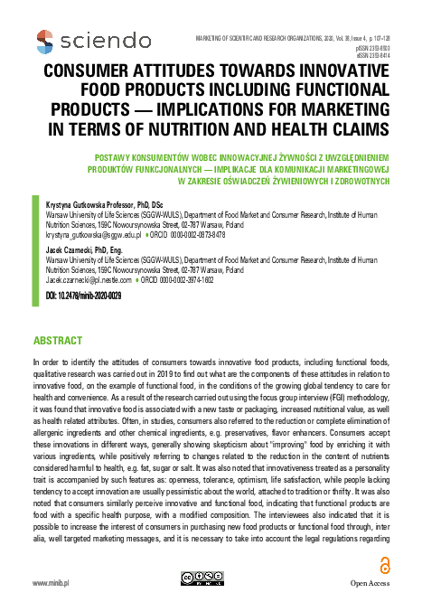(PDF) Consumer Attitudes Towards Innovative Food Products Including Functional Products ...