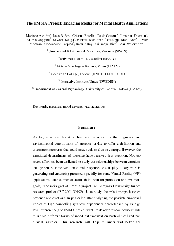 (PDF) The EMMA Project : Engaging Media for Mental Health Applications