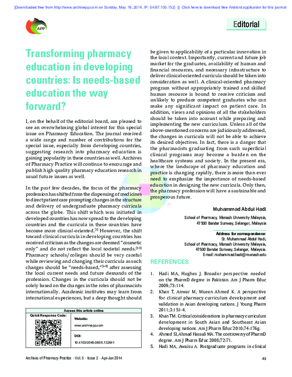 (PDF) Transforming pharmacy education in developing countries: Is needs ...