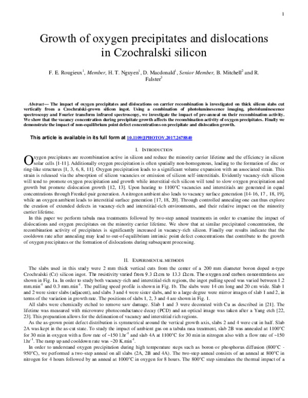 (PDF) Growth of Oxygen Precipitates and Dislocations in Czochralski Silicon