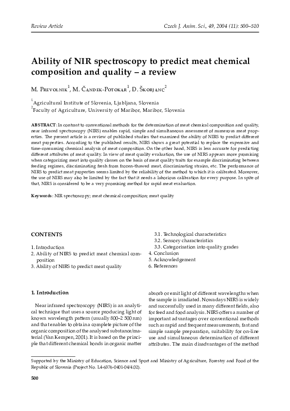 (PDF) Ability of NIR spectroscopy to predict meat chemical composition and quality – a review