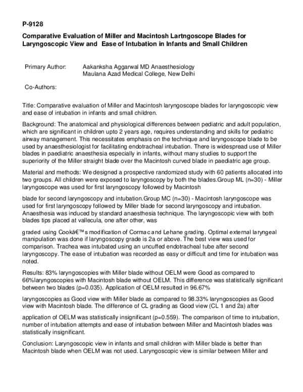 (PDF) Comparative Evaluation of Miller and Macintosh Laryngoscope ...