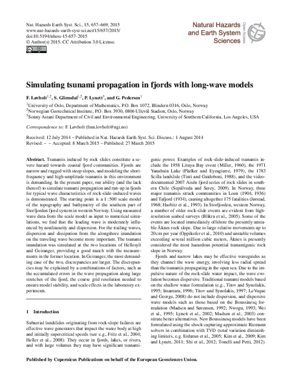 Pdf Simulating Tsunami Propagation In Fjords With Long Wave Models