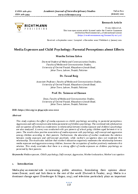 (PDF) Media Exposure and Child Psychology: Parental Perceptions about ...