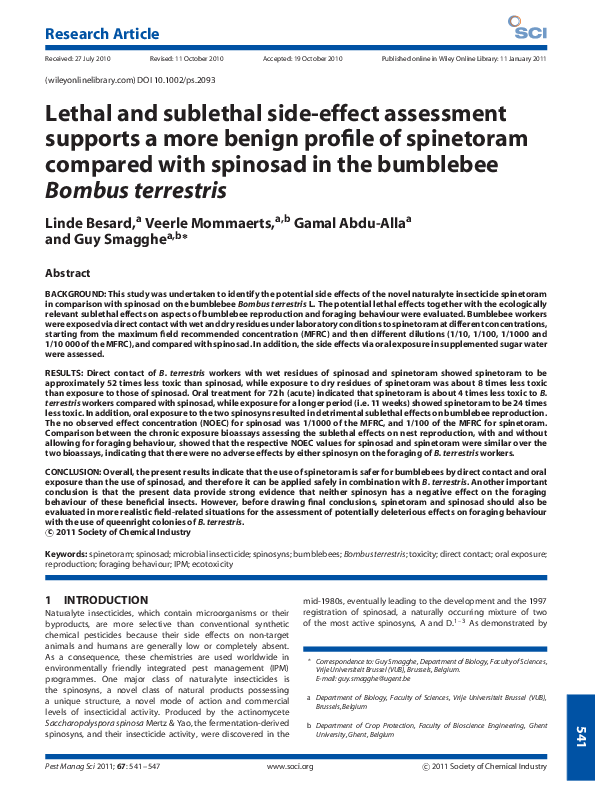(PDF) Lethal and sublethal side-effect assessment supports a more benign profile of spinetoram ...