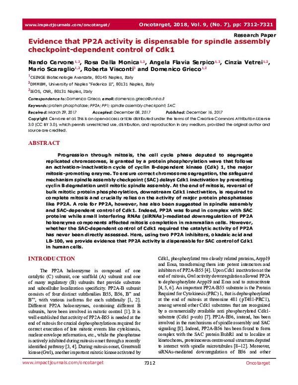 (PDF) Evidence that PP2A activity is dispensable for spindle assembly ...