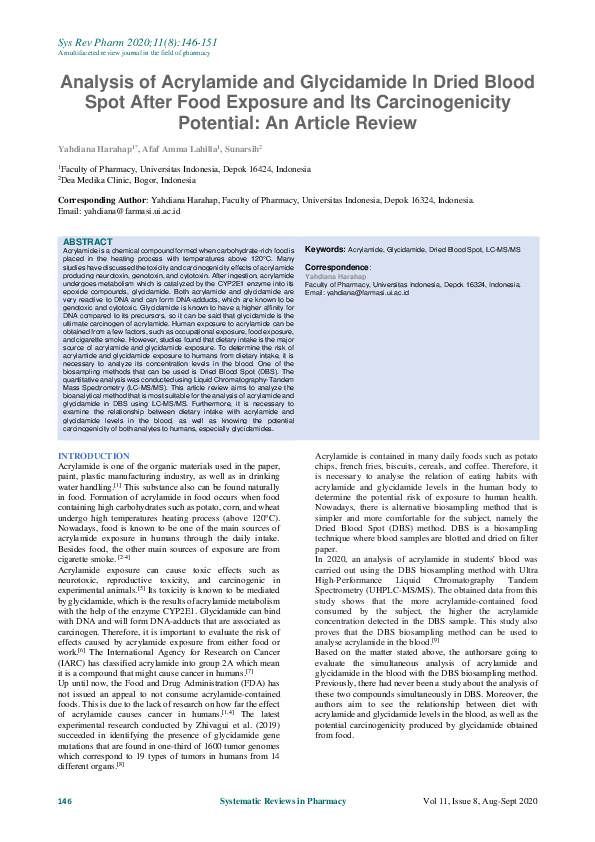 (PDF) Analysis of Acrylamide and Glycidamide in Dried Blood Spot after ...