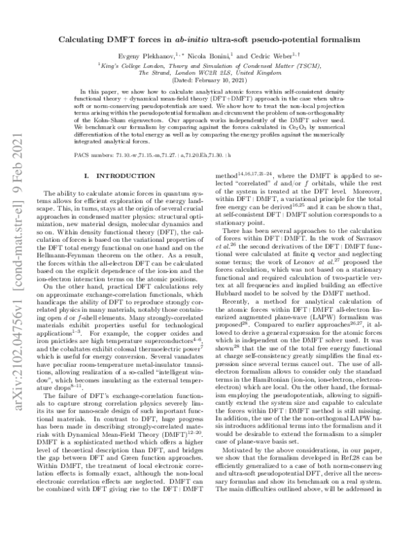 (PDF) Calculating DMFT forces in ab-initio ultrasoft pseudopotential formalism
