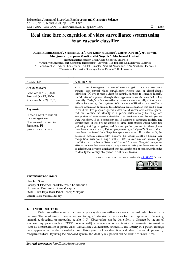 Pdf Real Time Face Recognition Of Video Surveillance System Using Haar Cascade Classifier
