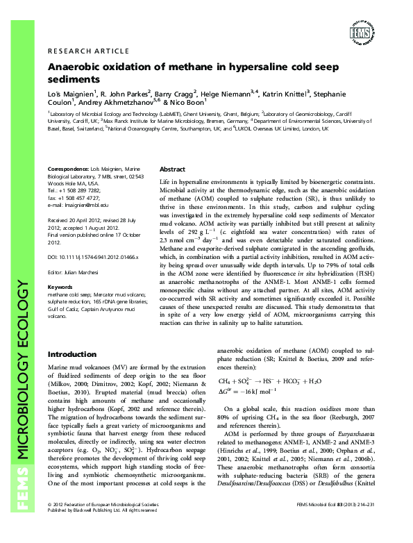 (PDF) Anaerobic oxidation of methane in hypersaline cold seep sediments