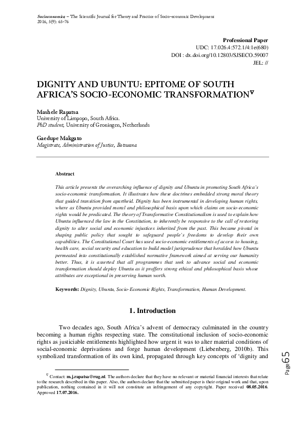 (PDF) Dignity and Ubuntu: Epitome of South Africa’s Socio-Economic ...