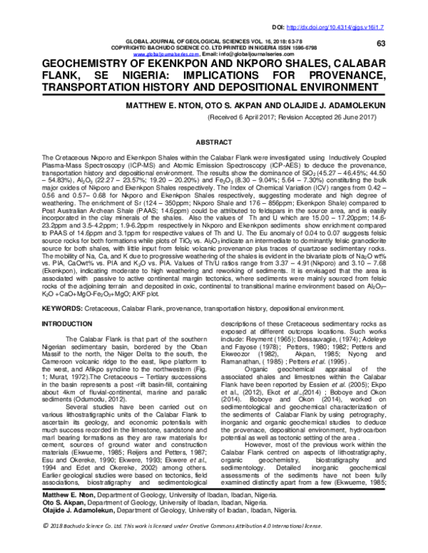 (PDF) Geochemistry of Ekenkpon and Nkporo Shales, Calabar Flank, SE ...