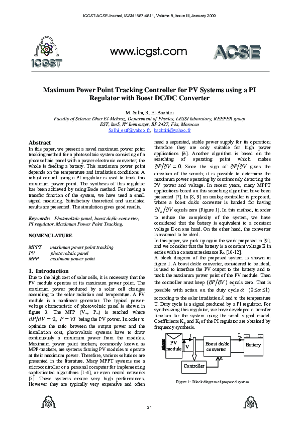 Pdf Maximum Power Point Tracking Controller For Pv Systems Using A Pi