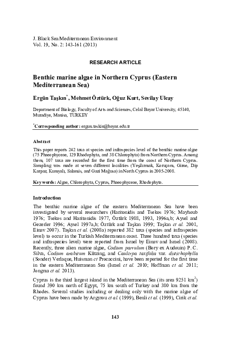 (PDF) Benthic marine algae in Northern Cyprus (Eastern Mediterranean Sea)