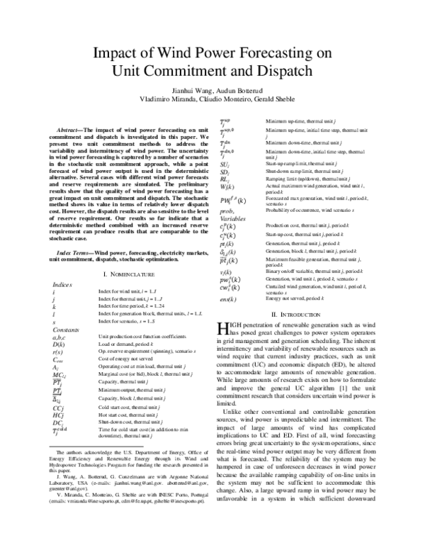 (PDF) Impact of Wind Power Forecasting on Unit Commitment and Dispatch