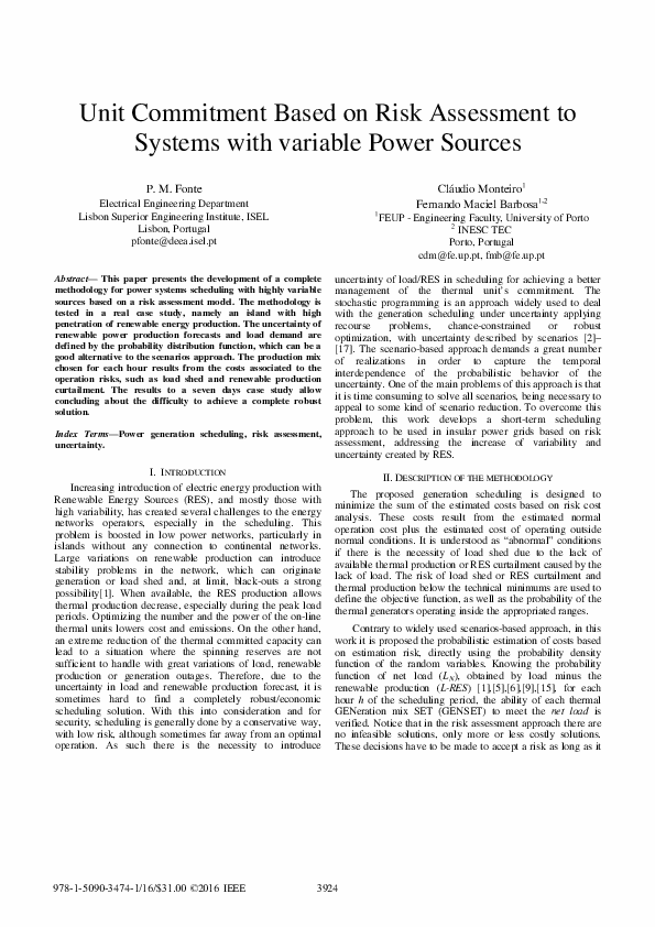 (PDF) Unit commitment based on risk assessment to systems with variable power sources