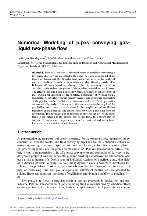 (PDF) Numerical Modeling of pipes conveying gas-liquid two-phase flow