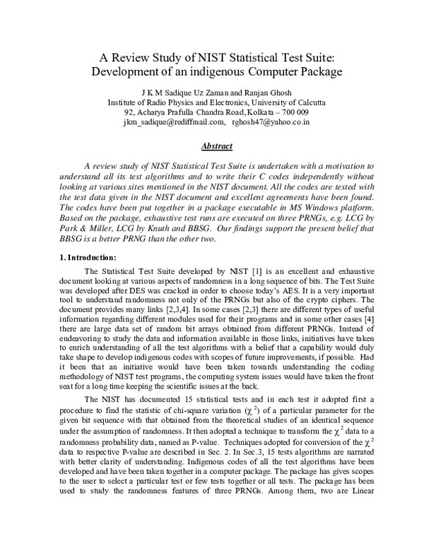 (PDF) A Review Study of NIST Statistical Test Suite: Development of an ...