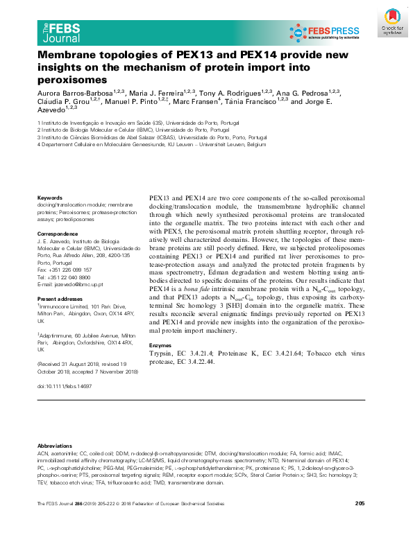 (PDF) Membrane topologies of PEX13 and PEX14 provide new insights on ...