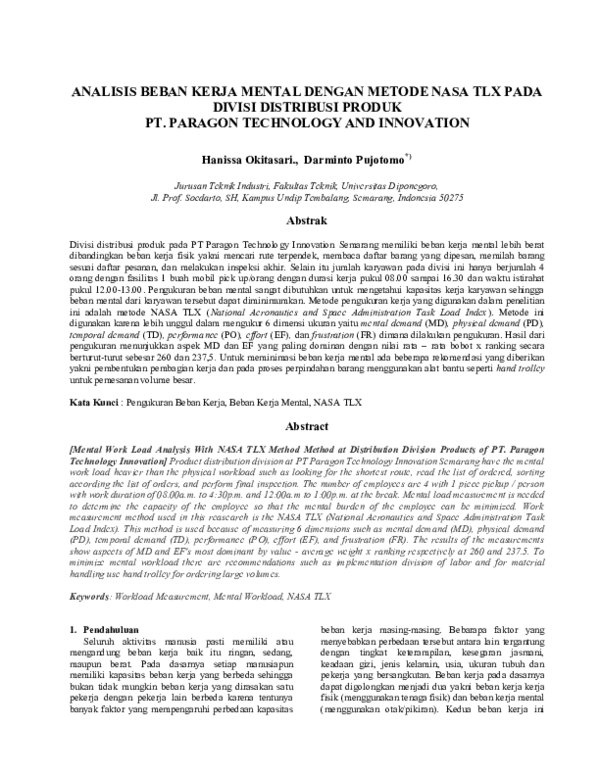 (PDF) Analisis Beban Kerja Mental Dengan Metode Nasa TLX Pada Divisi ...