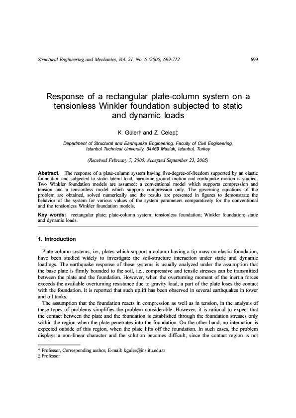 (PDF) Response of a rectangular plate-column system on a tensionless Winkler foundation ...