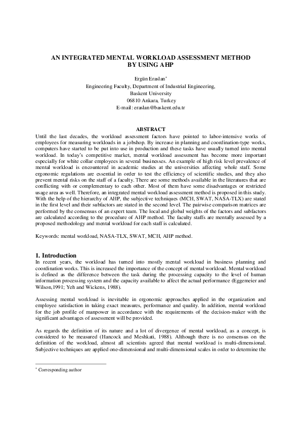 (PDF) An Integrated Mental Workload Assessment Method by Using AHP