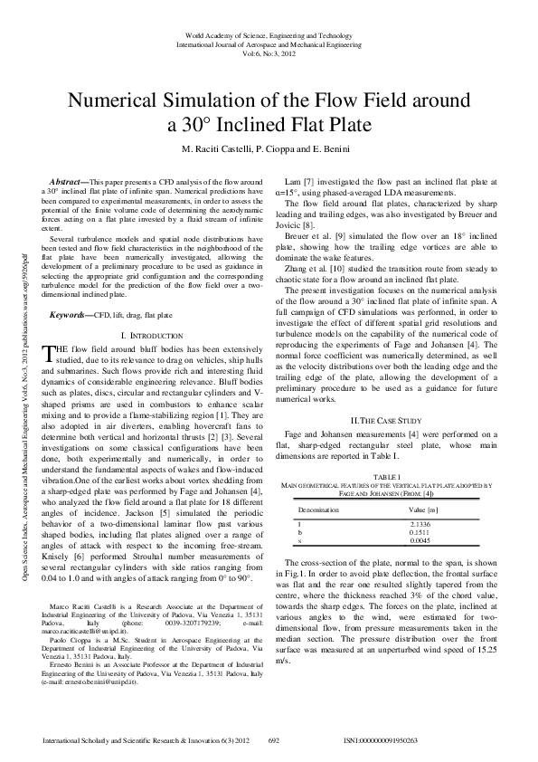 (PDF) Numerical Simulation of the Flow Field around a 30° Inclined Flat ...