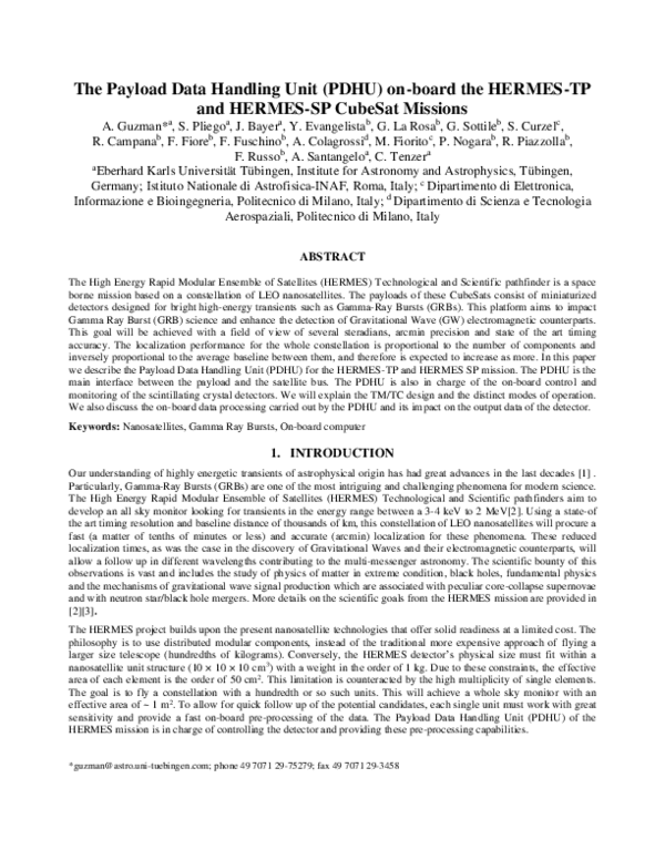 (PDF) The Payload Data Handling Unit (PDHU) on-board the HERMES-TP and HERMES-SP CubeSat Missions