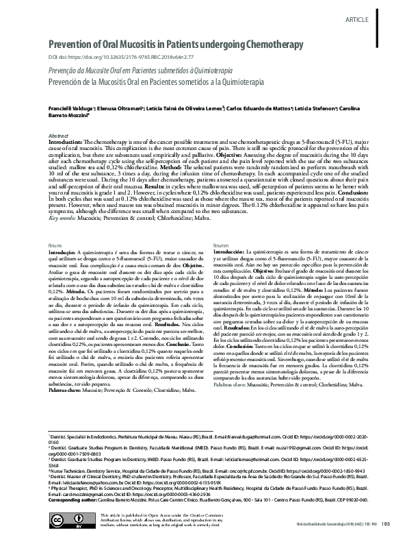 (PDF) Prevention of Oral Mucositis in Patients undergoing Chemotherapy Prevención de la ...