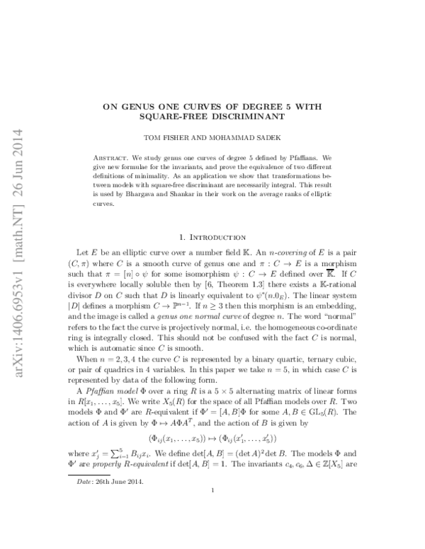 (PDF) On genus one curves of degree 5 with square-free discriminant