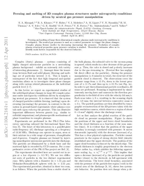 (PDF) Freezing and Melting of 3D Complex Plasma Structures under ...