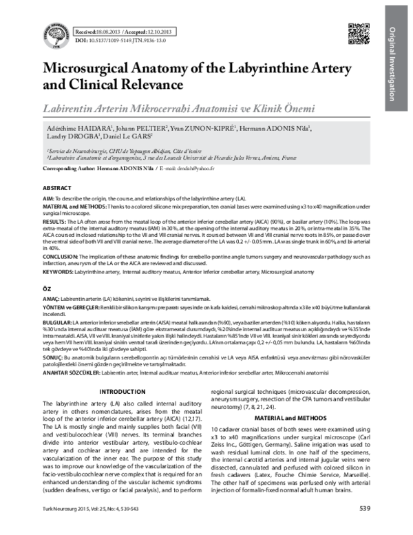 (PDF) Microsurgical Anatomy of the Labyrinthine Artery and Clinical ...