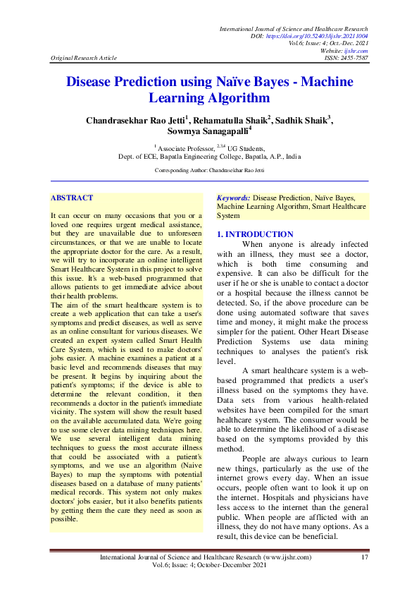 Pdf Disease Prediction Using Naïve Bayes Machine Learning Algorithm 