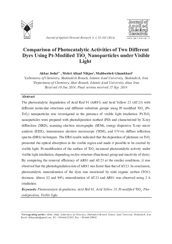 Pdf Comparison Of Photocatalytic Activities Of Two Different Dyes
