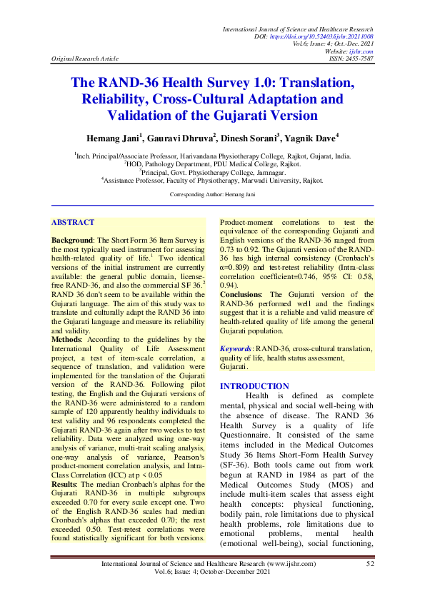 (PDF) The RAND-36 Health Survey 1.0: Translation, Reliability, Cross ...