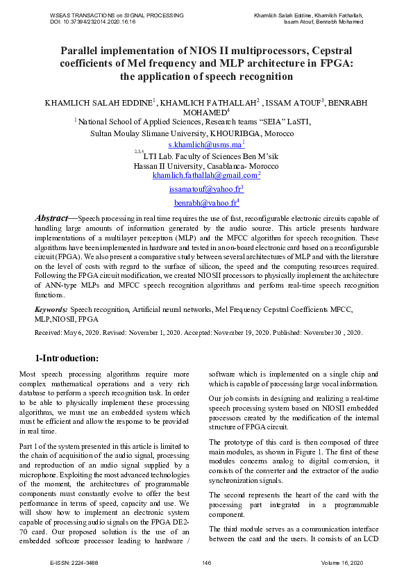 (PDF) Parallel Implementation of Nios Ii Multiprocessors, Cepstral Coefficients of Mel Frequency ...