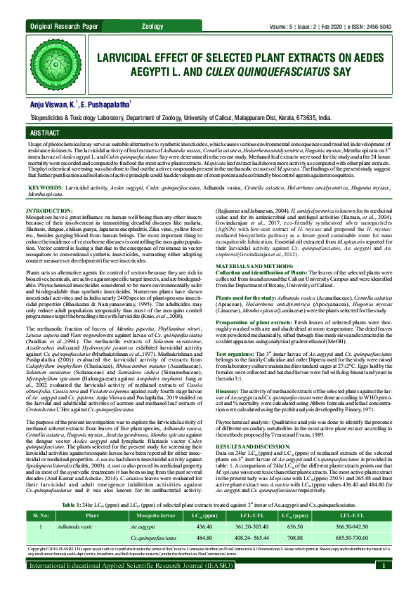 (PDF) Larvicidal Effect of Selected Plant Extracts on Aedes Aegypti L. And Culex ...