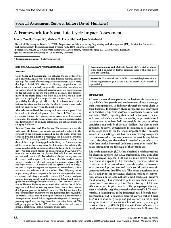 (PDF) A framework for social life cycle impact assessment (10 pp)