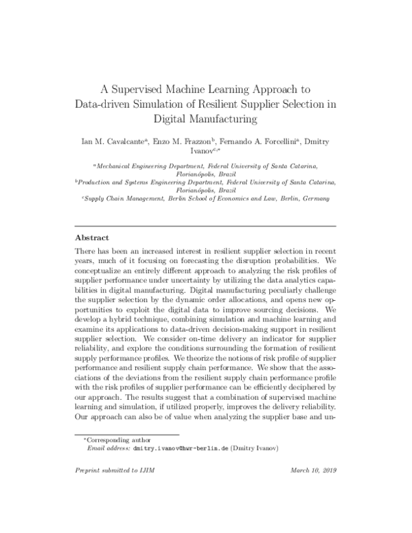 (PDF) A supervised machine learning approach to data-driven simulation of resilient supplier ...