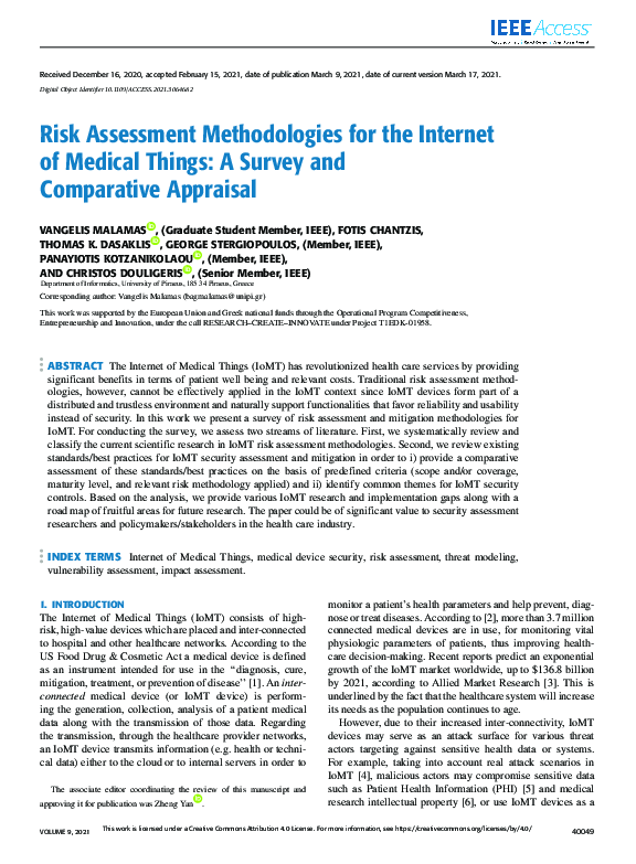 (PDF) Risk Assessment Methodologies for the Internet of Medical Things ...