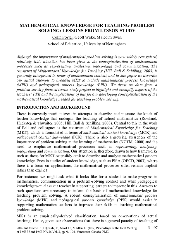 (PDF) Mathematical knowledge for teaching problem solving: Lessons from ...