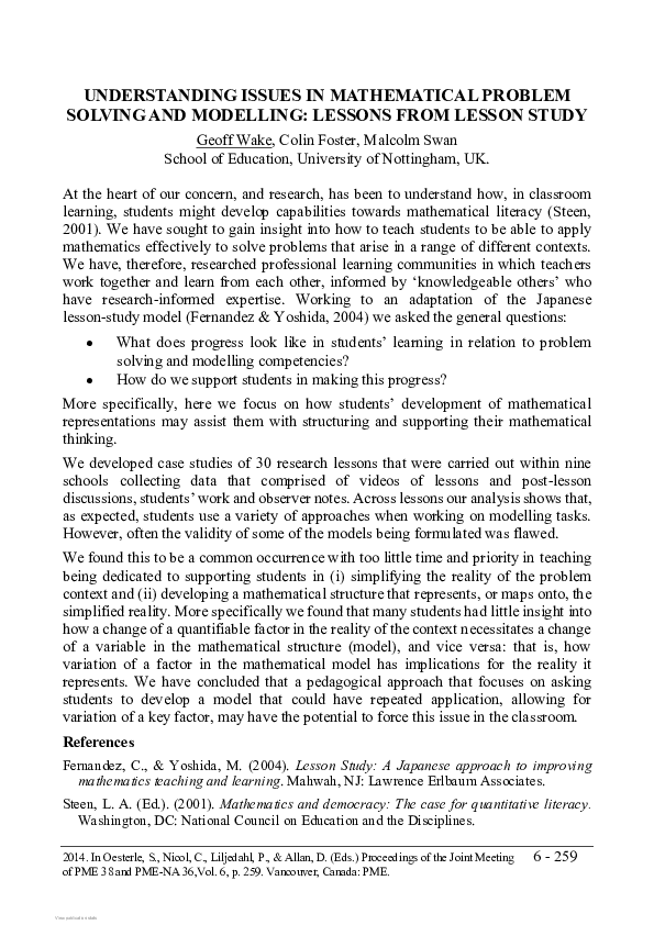 (PDF) Understanding Issues in Mathematical Problem Solving and Modelling: Lessons from Lesson Study